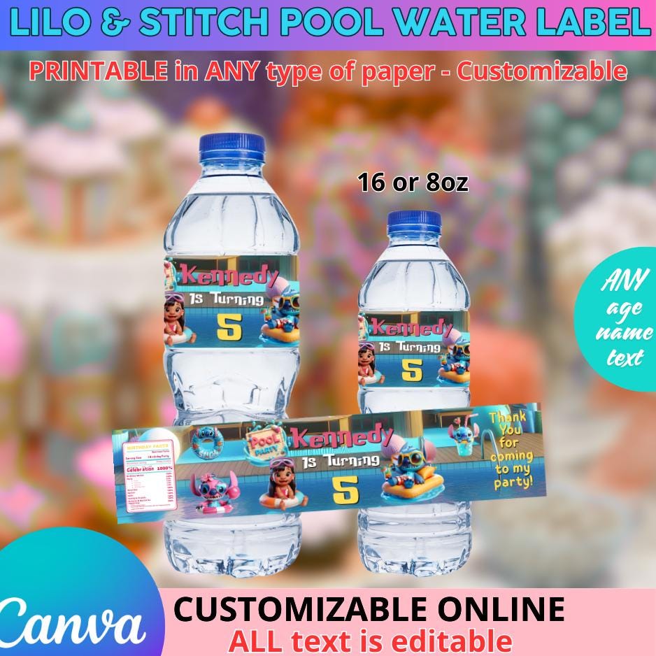 Lilo & Stitch Pool Party - Water Labels. Editable in CANVA - Etsy