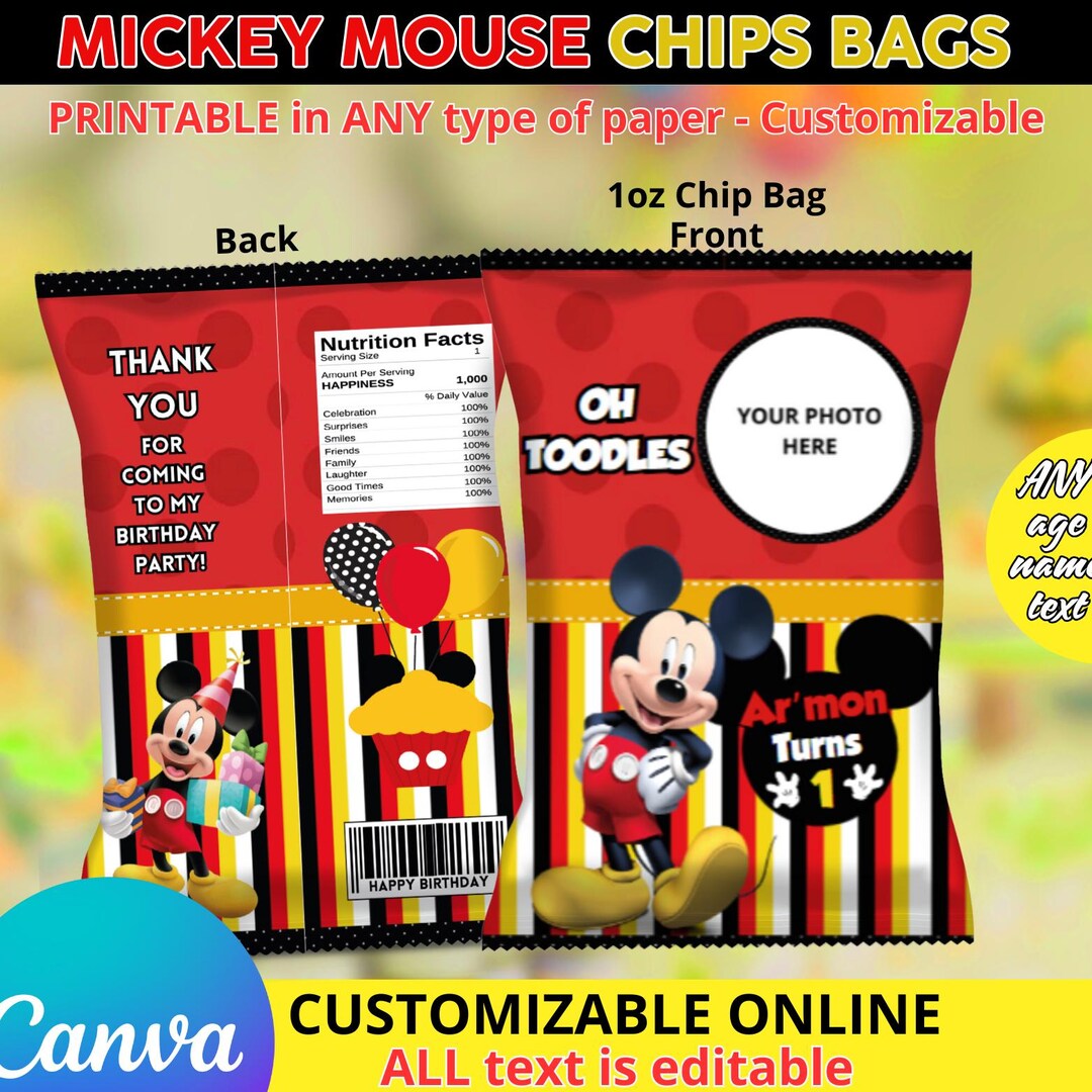 Mickey Mouse Chips Bags Label. Editable in CANVA - Etsy