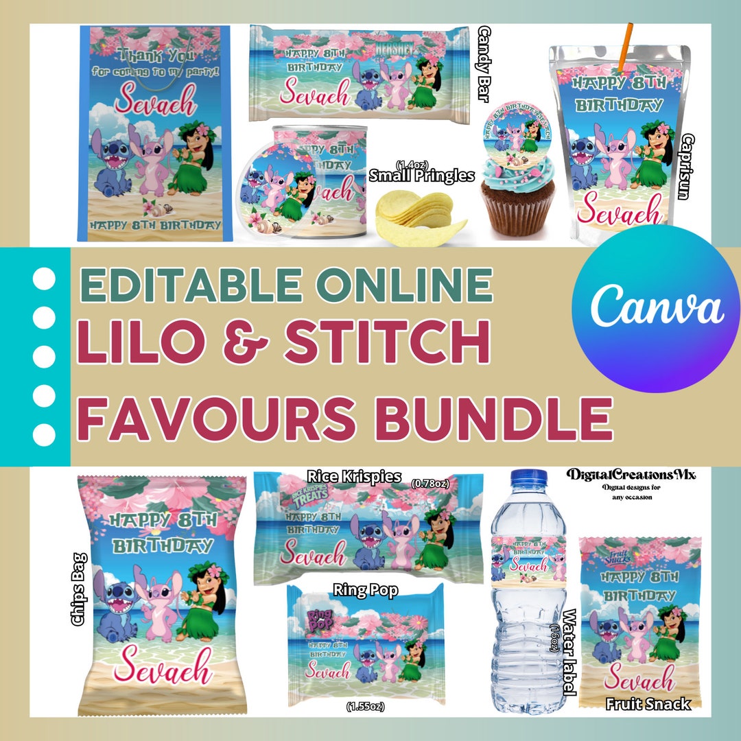 Lilo Angel & Stitch 10 Party Favors, Water Bottle, Chip, Candy Bars ...