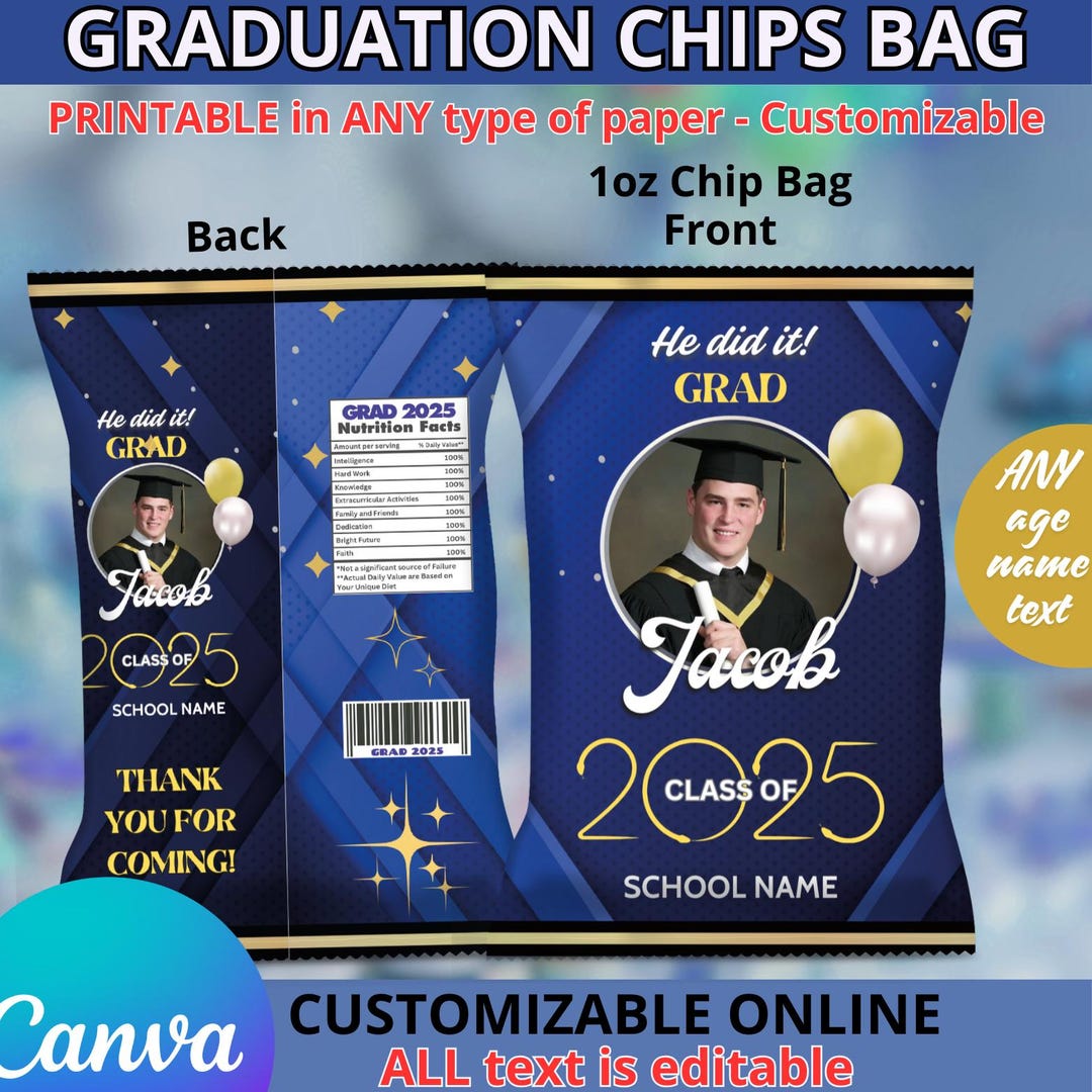 Graduation Chips Bags Label. Editable in CANVA DIGITAL. Edit Yourself ...