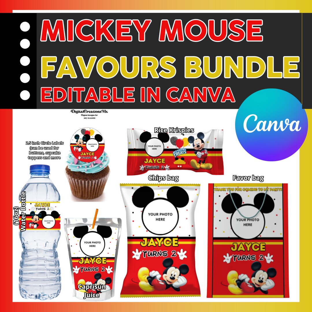 Mickey Mouse 6 Birthday Favors, Water Bottle, Chip, Rice Krispies ...