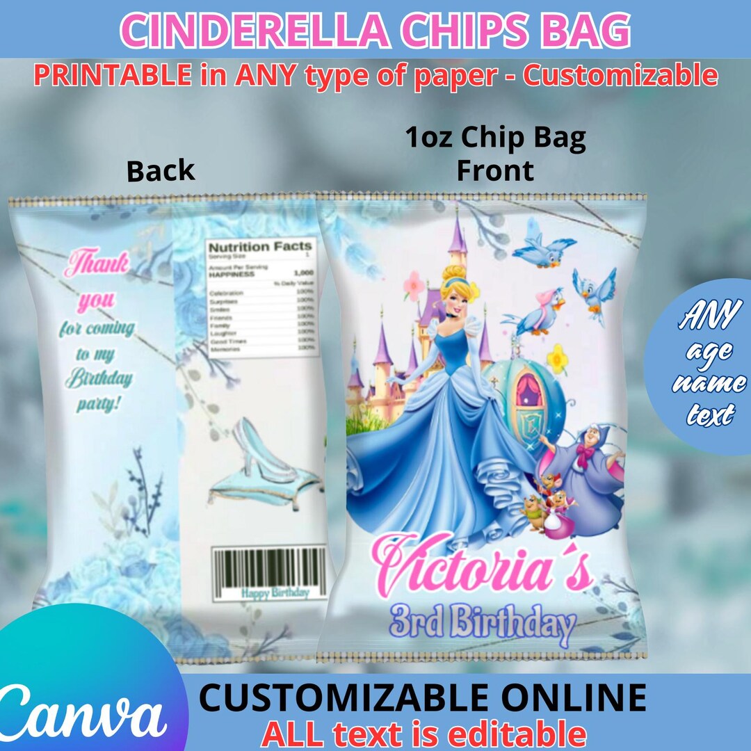 Cinderella Chips Bags. Editable in CANVA - Etsy