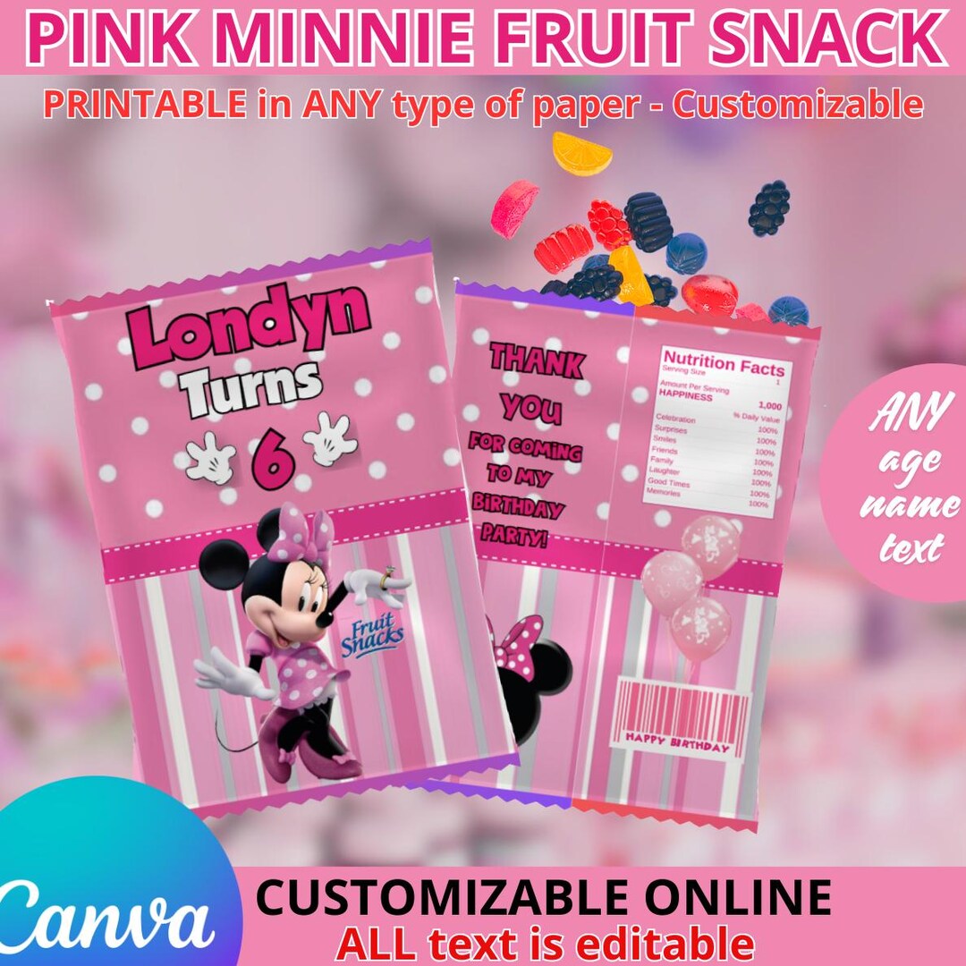 Minnie Mouse Pink Fruit Snack Templete. Editable in CANVA - Etsy