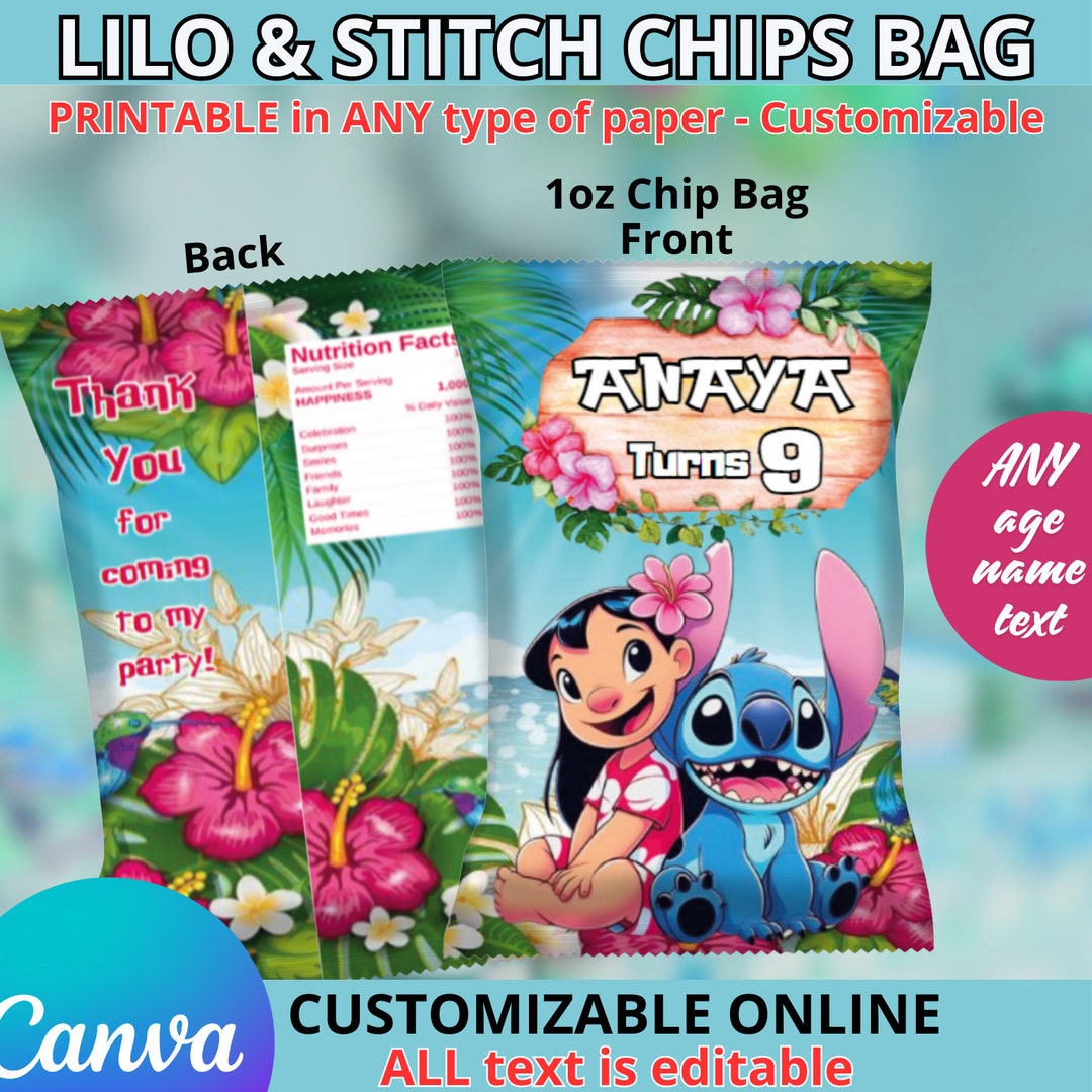 Lilo and Stitch Flowers Chips Bags. Editable in CANVA - Etsy