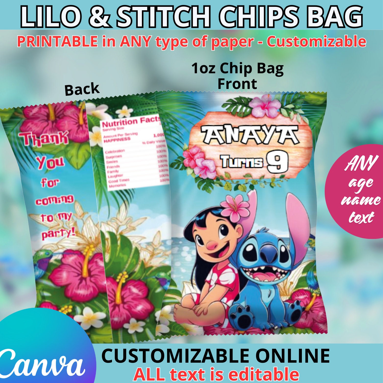 Lilo and Stitch Flowers Chips Bags. Editable in CANVA - Etsy