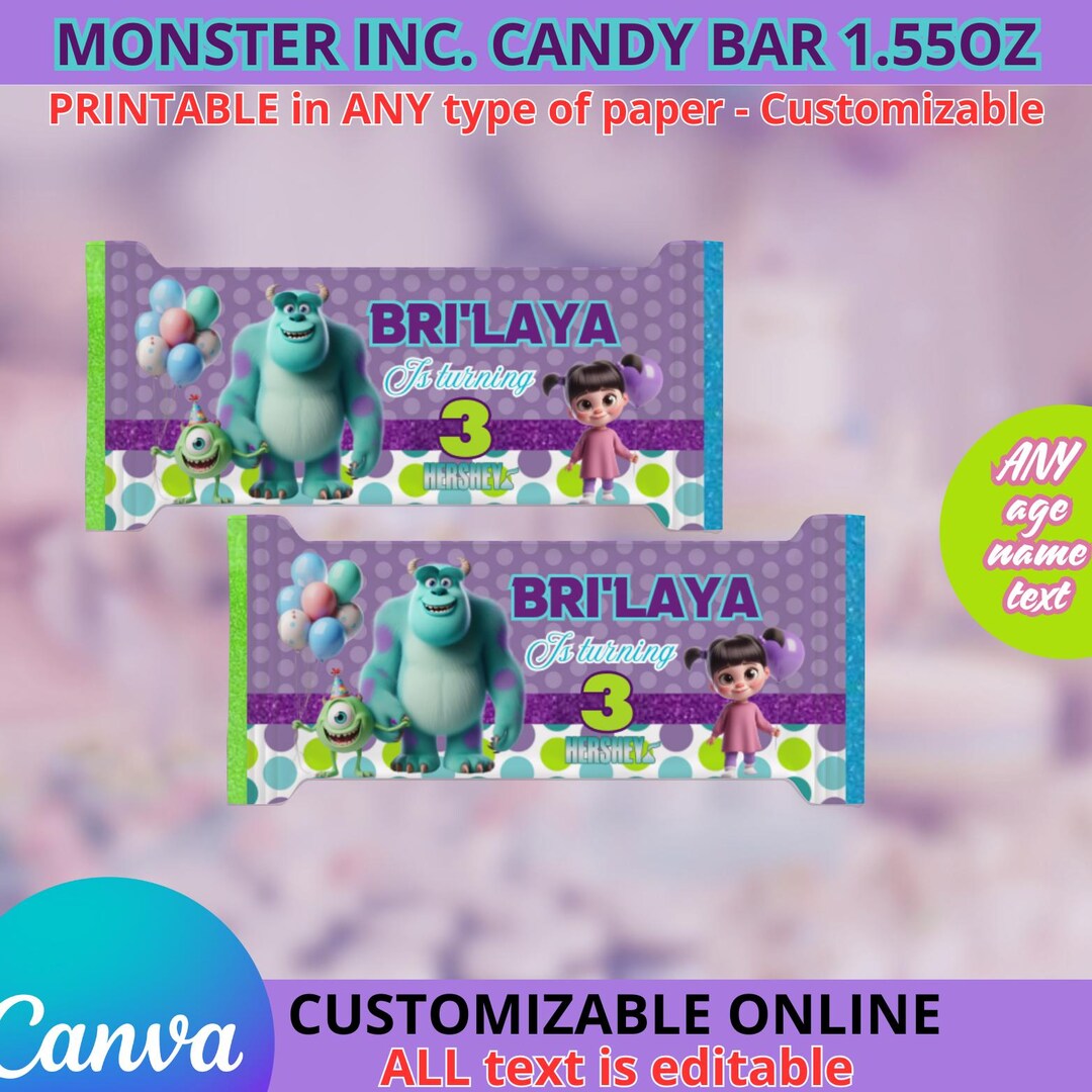 Monsters INC Candy Bar 1.55oz Templete. Editable in CANVA - Etsy