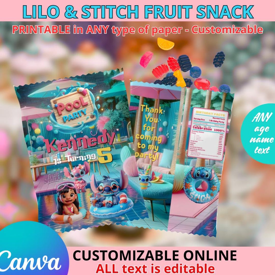 Lilo & Stitch Pool - Fruit Snack Templete. Editable in CANVA - Etsy