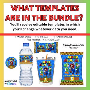 Super Mario 5 Party Favors, Mario Printables, Digital Files INC. Edit ...