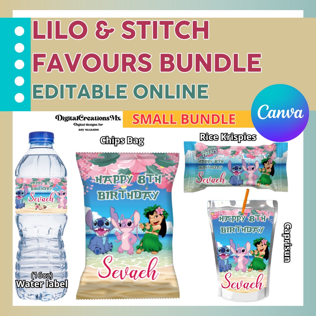 Lilo Angel & Stitch 4 Party Favors, Water Bottle, Chip, Rice Krispies ...