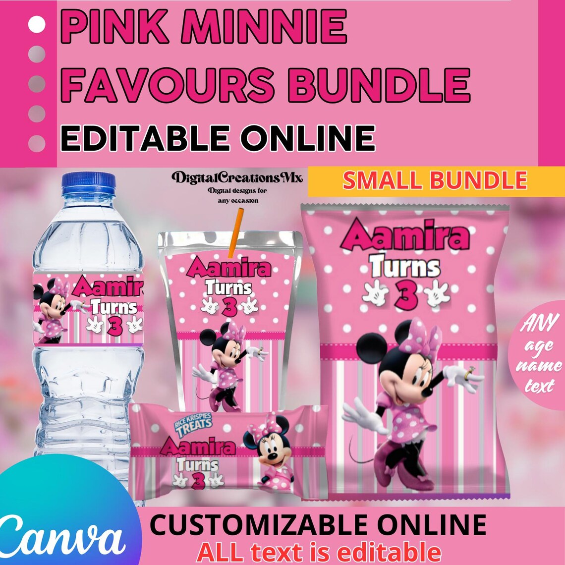 Minnie Mouse Pink 4 Party Favors, Water Bottle, Chip, Candy Bars, Juice ...
