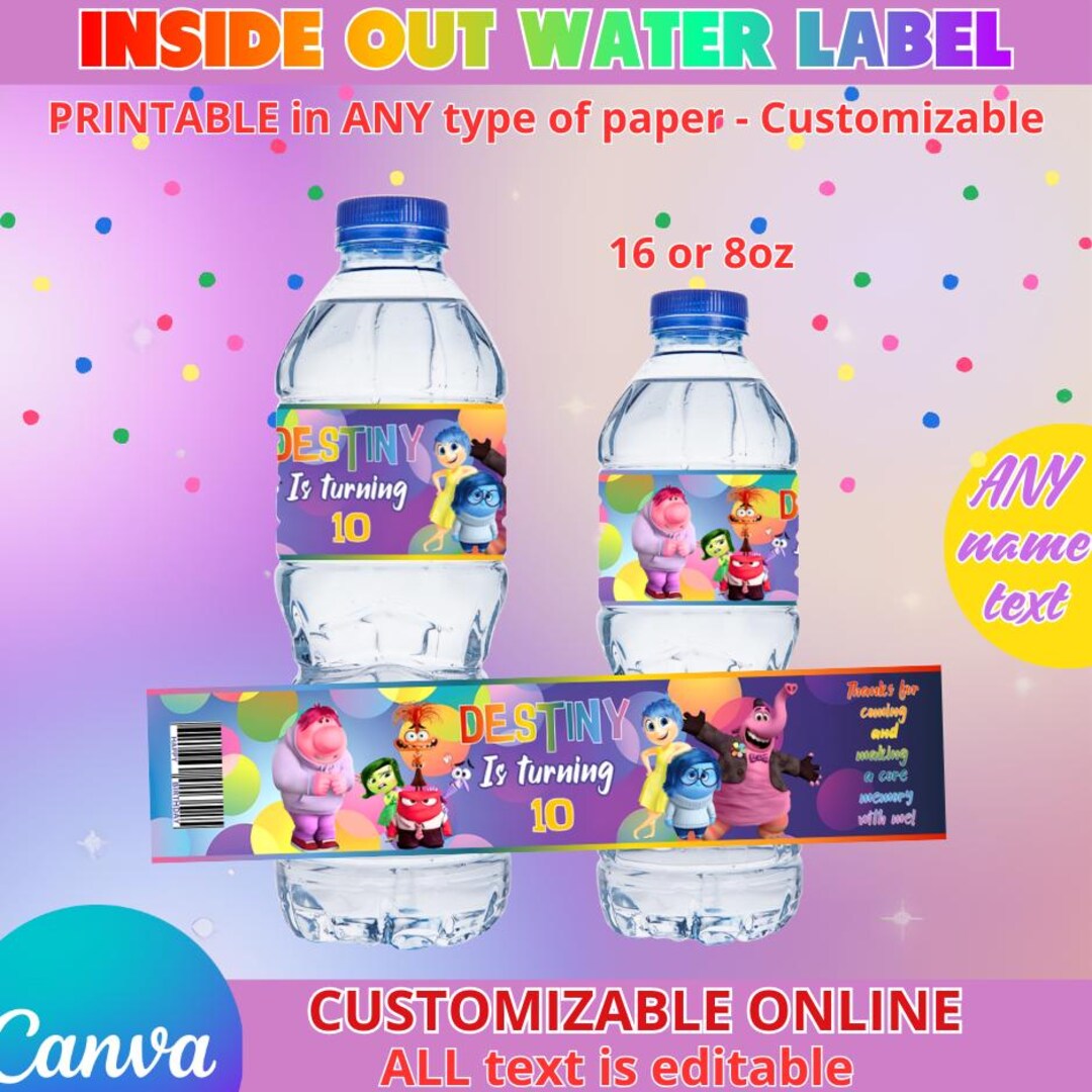 Inside Out Party Water Labels. Edit Yourself in CANVA. - Etsy