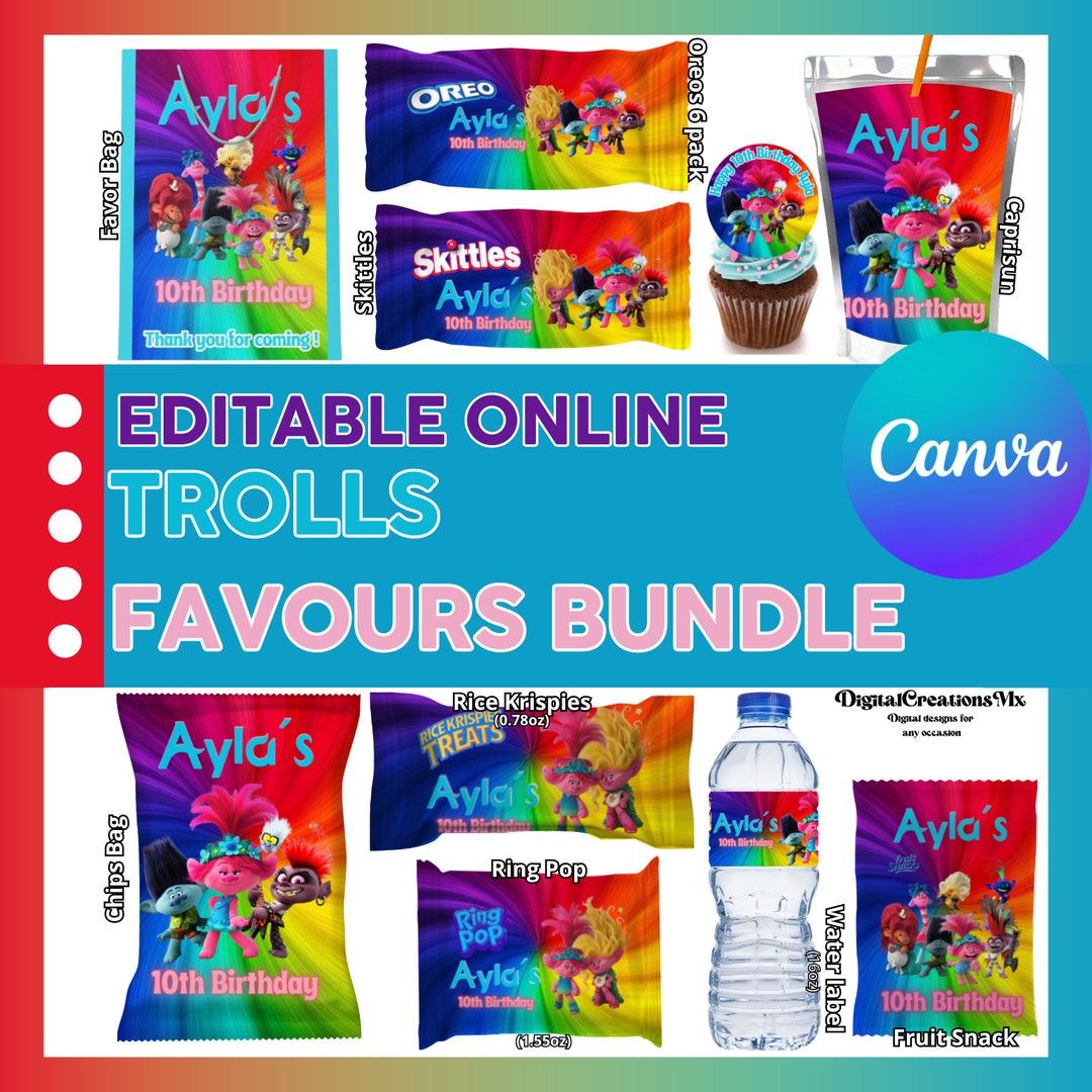 Trolls 10 Party Pack, Water Bottle, Chip, Candy Bars, Juice Labels and ...