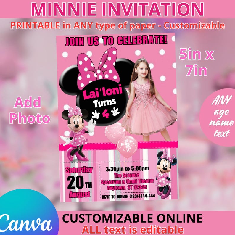 Minnie Mouse Invitation Template 5x7in. Printable and Editable in CANVA ...
