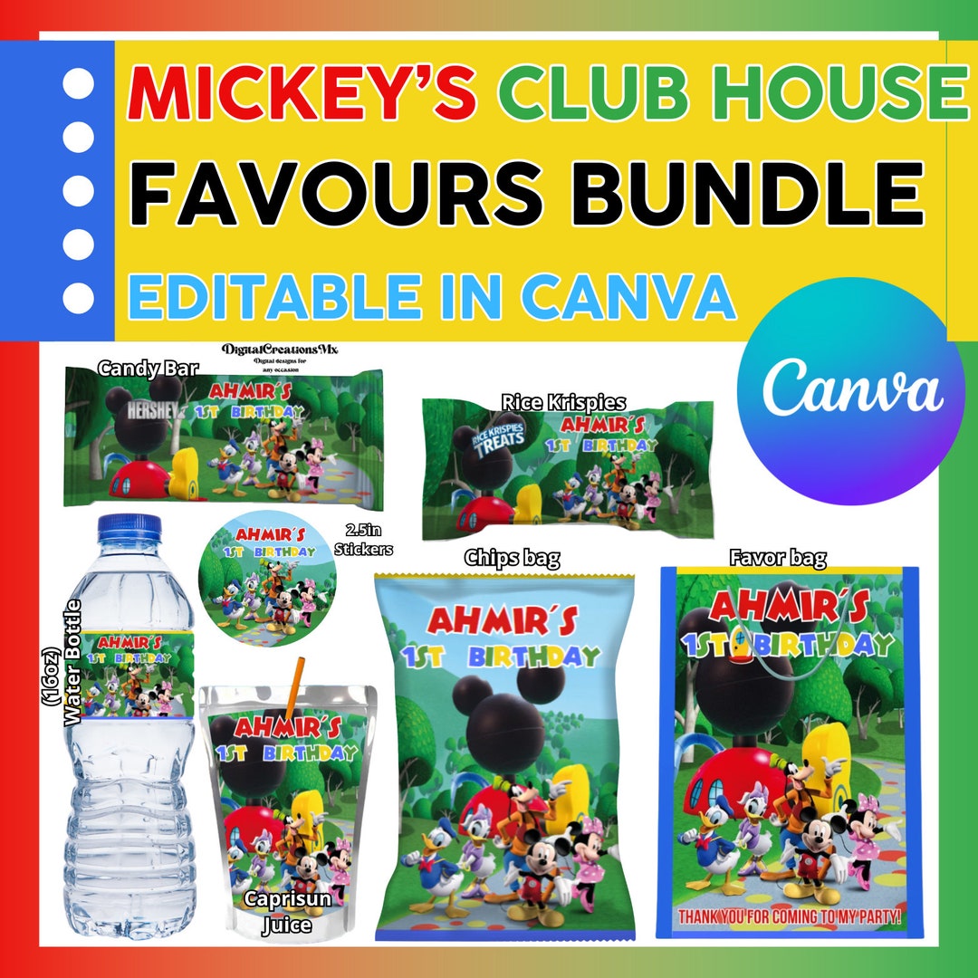 Clubhouse Mickey Mouse 7 Party Favors, Water Bottle, Chip, Candy Bar ...