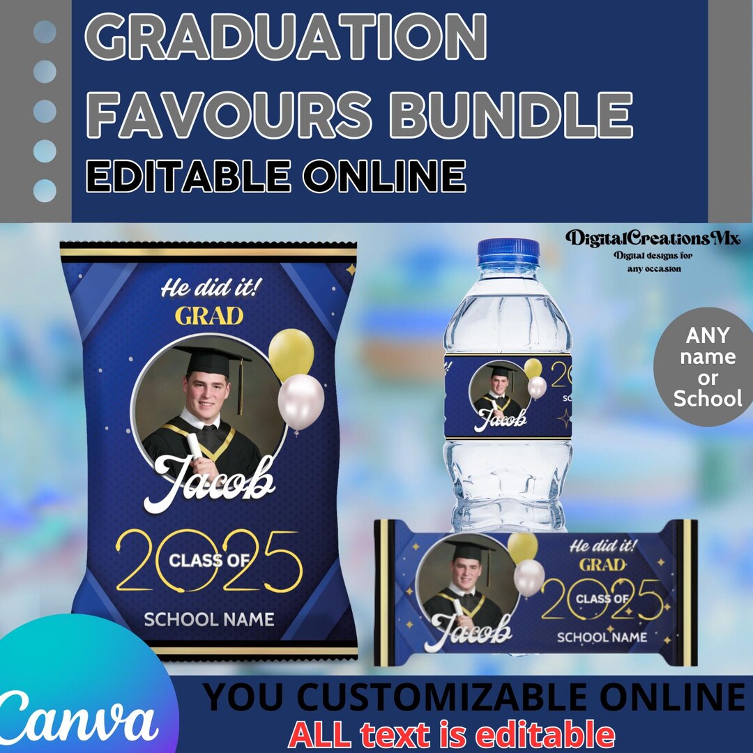 Graduation Party Favors: Water Bottle, Chip, Candy Bars. DIGITAL. Edit ...