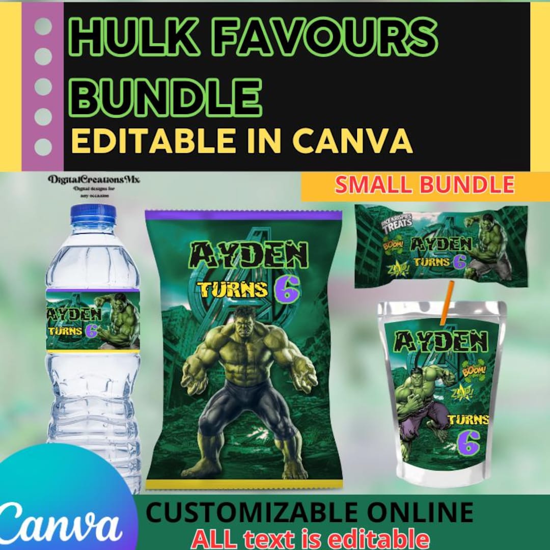 Inspired Hulk Party Favors, Water Bottle, Chip, Juice Labels and Rice ...