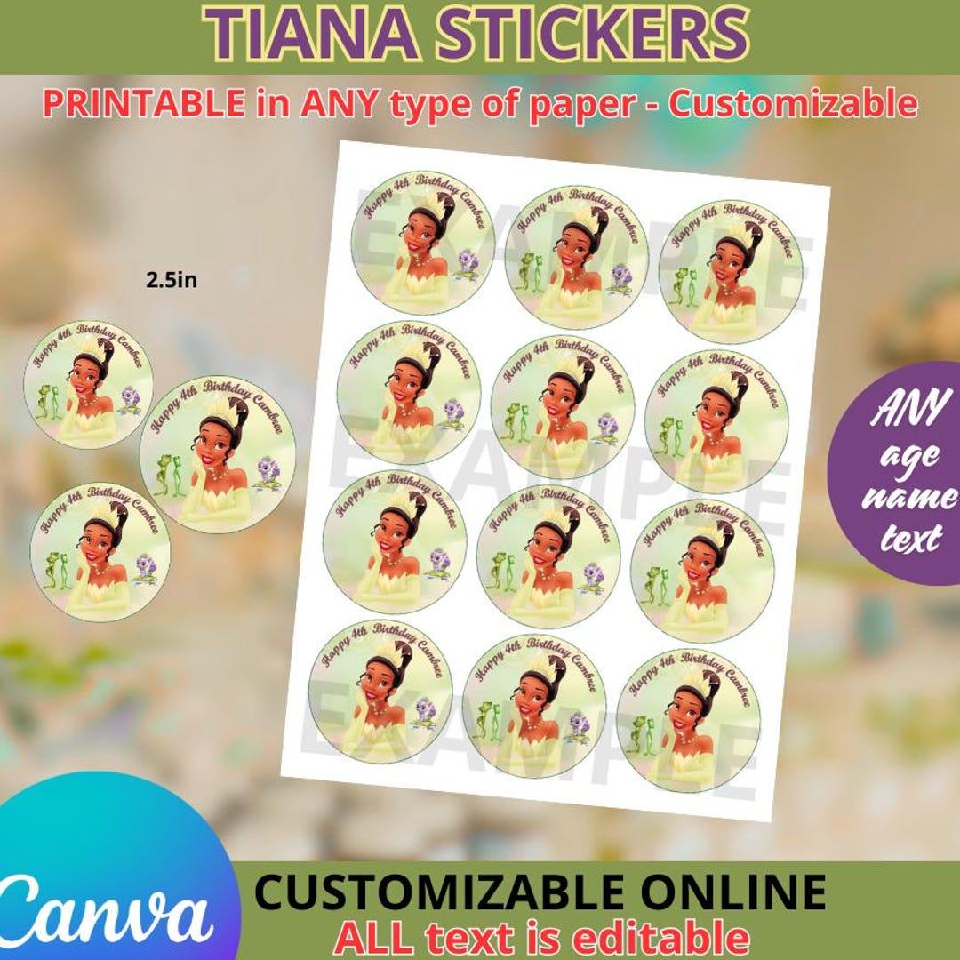 Tiana Princess Stickers 2.5in Template, EDIT Yourself in CANVA. - Etsy