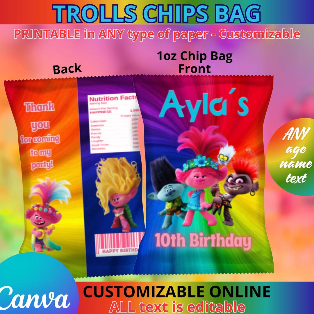 Trolls Chips Bags Templete. EDITABLE IN CANVA - Etsy