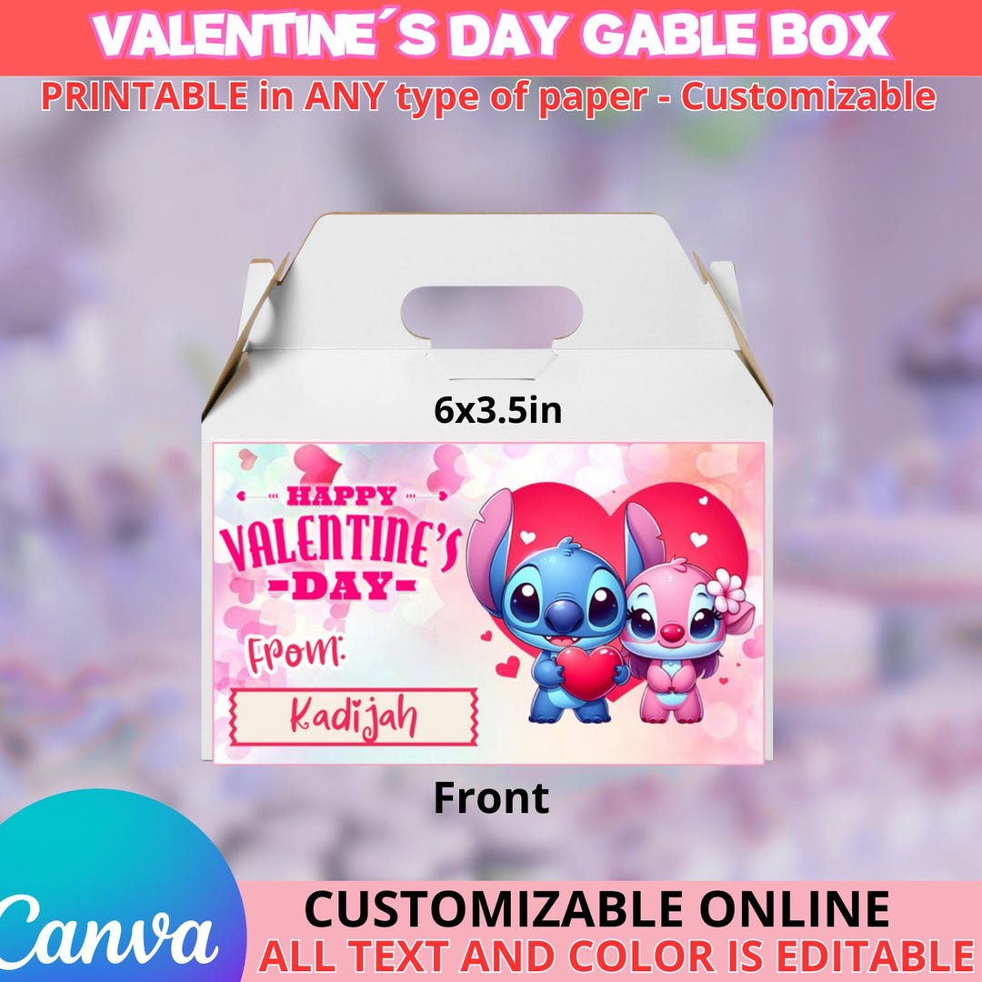Stitch and Angel Valentine's Day Gable Box Templete. Editable in CANVA ...