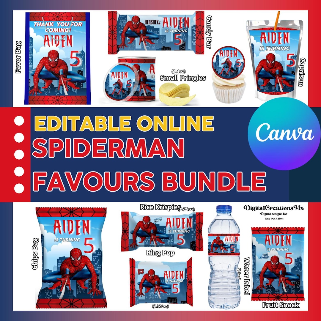 Spiderman Bundle 10 Party Labels, Water Bottle, Chip, Candy Bars, Juice ...
