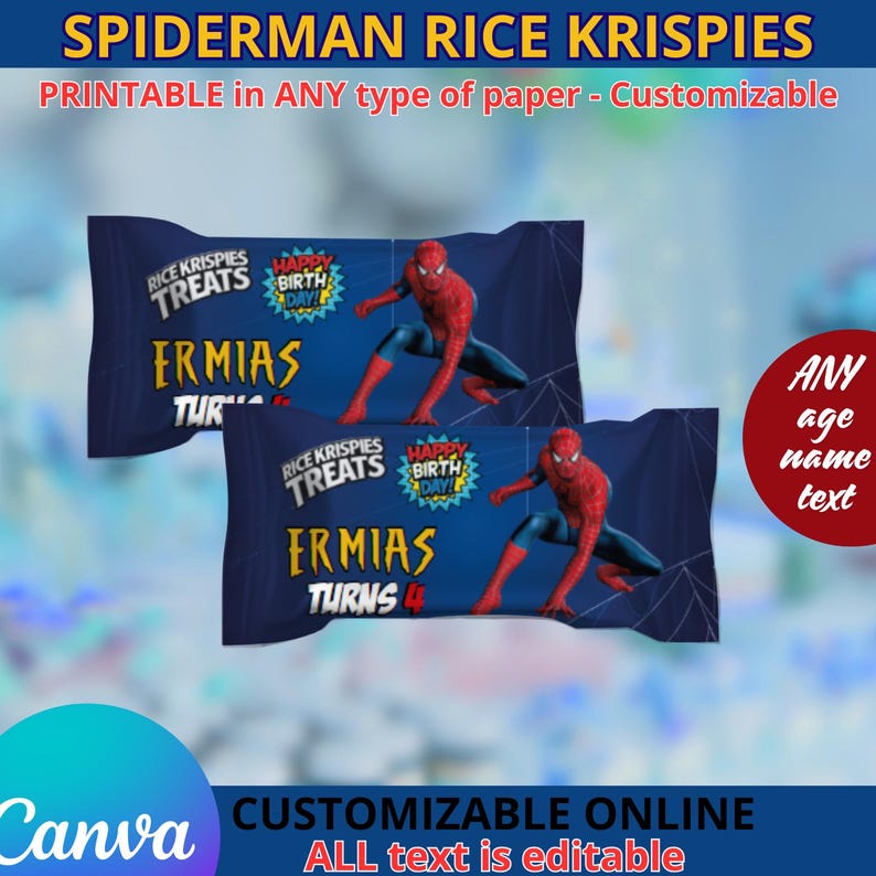 Plantilla de Rice Krispies de Spiderman. EDITABLE EN CANVA - Etsy México