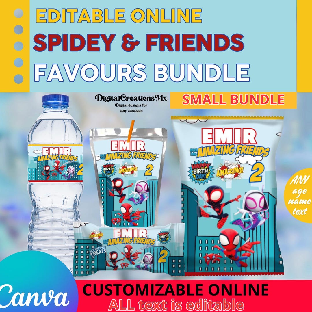 Spidey and His Amazing Friends 4 Party Labels, Water Bottle, Chip, Rice ...