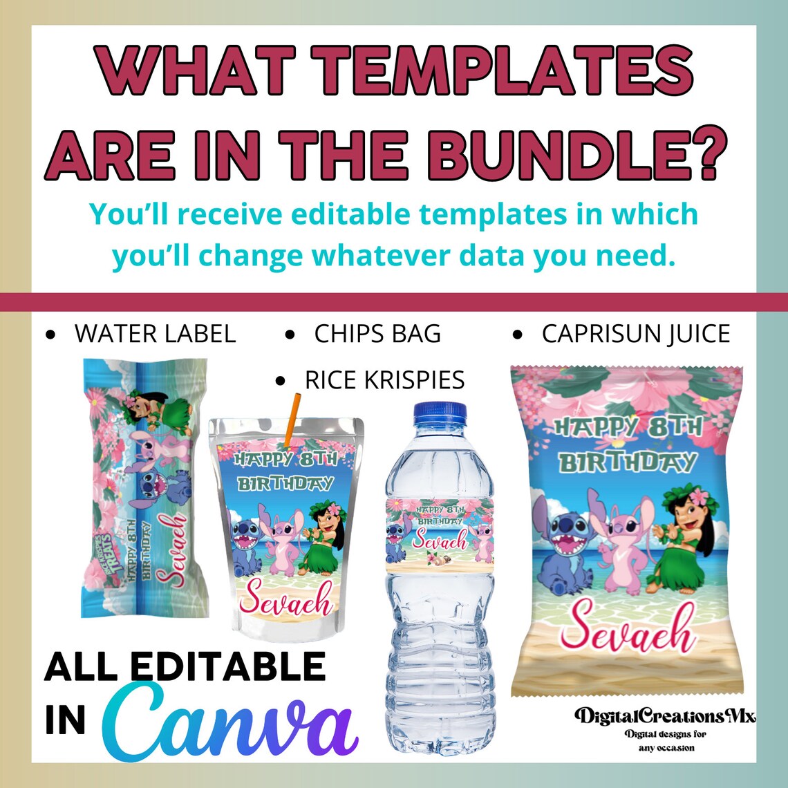 Lilo Angel & Stitch 4 Party Favors, Water Bottle, Chip, Rice Krispies ...