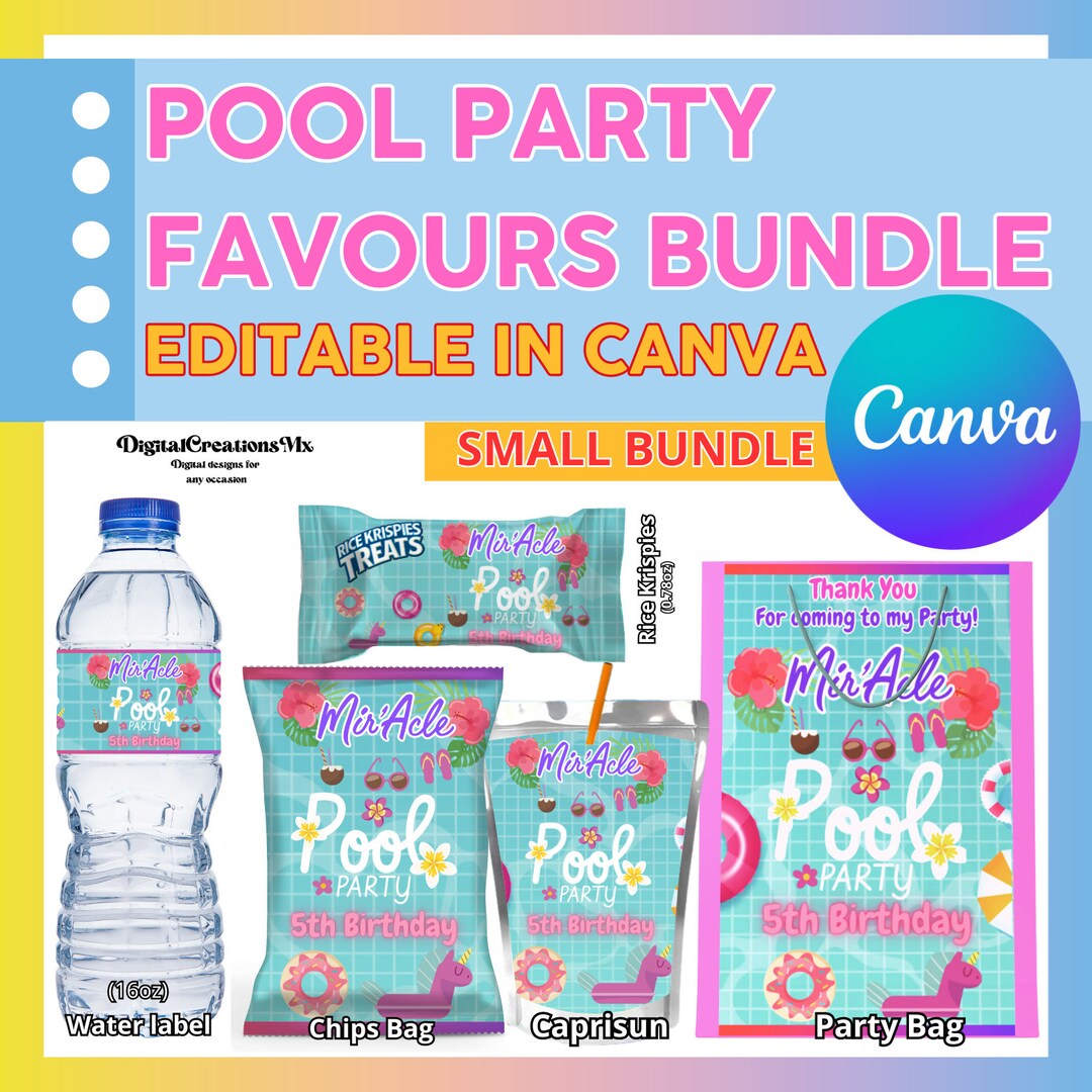Pool Party 5 Bundle Favors, Water Bottle, Chip, Rice Krispies, Juice ...