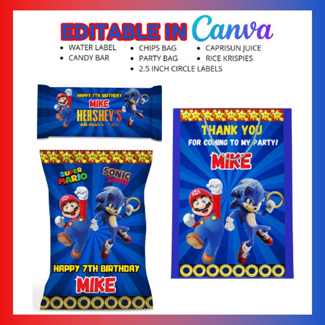Mario VS Sonic Party Favors Package, Chip Bag Template, Water Bottle ...