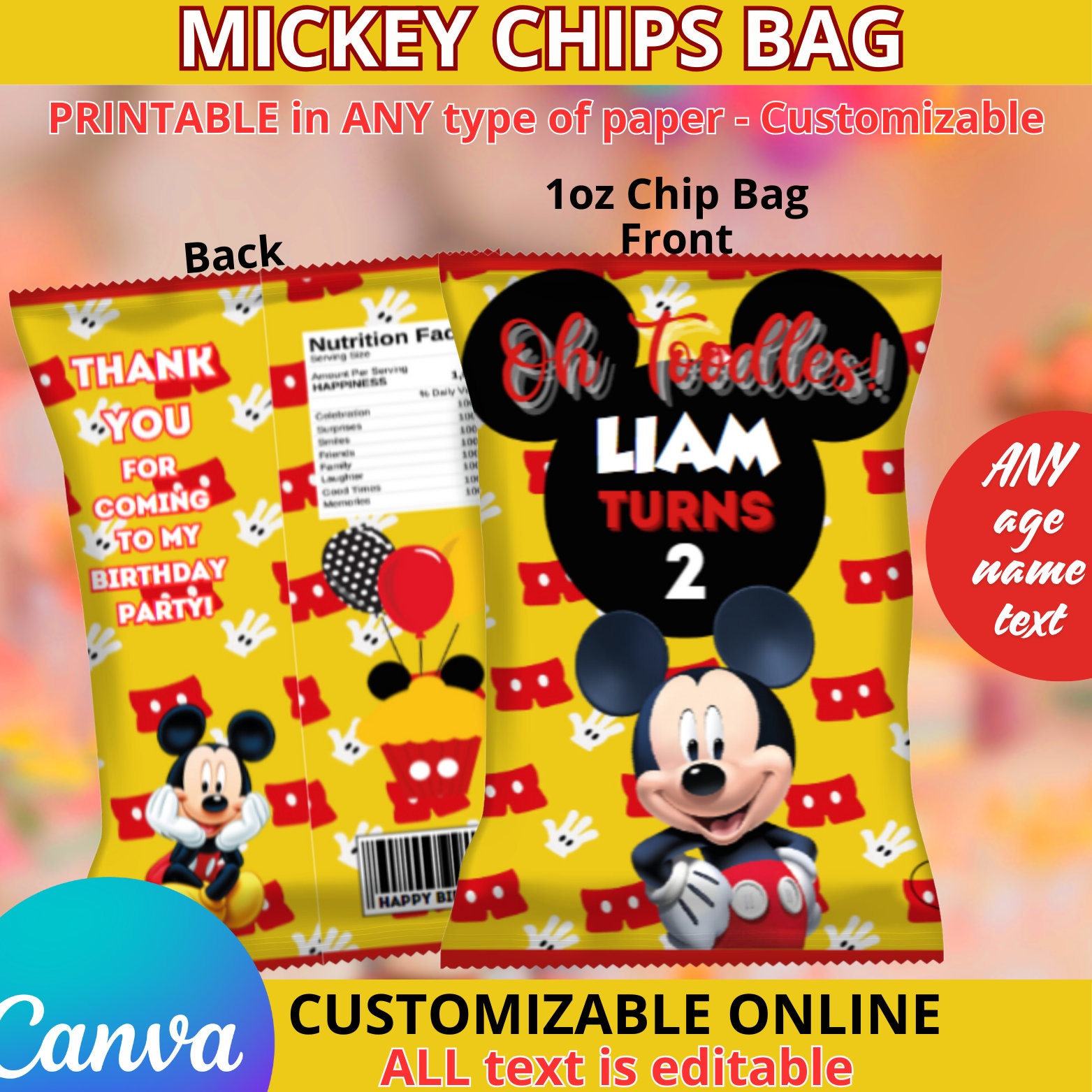 Mickey Mouse Oh Toodles! Chips Bags. Editable in CANVA - Etsy