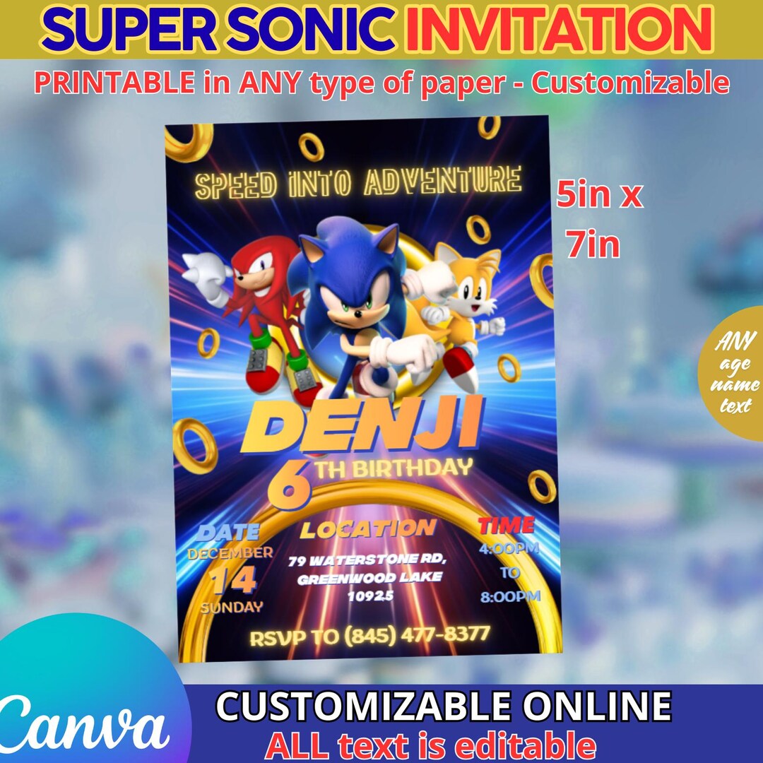 Sonic Invitation 5x7in Templete. Editable in CANVA - Etsy