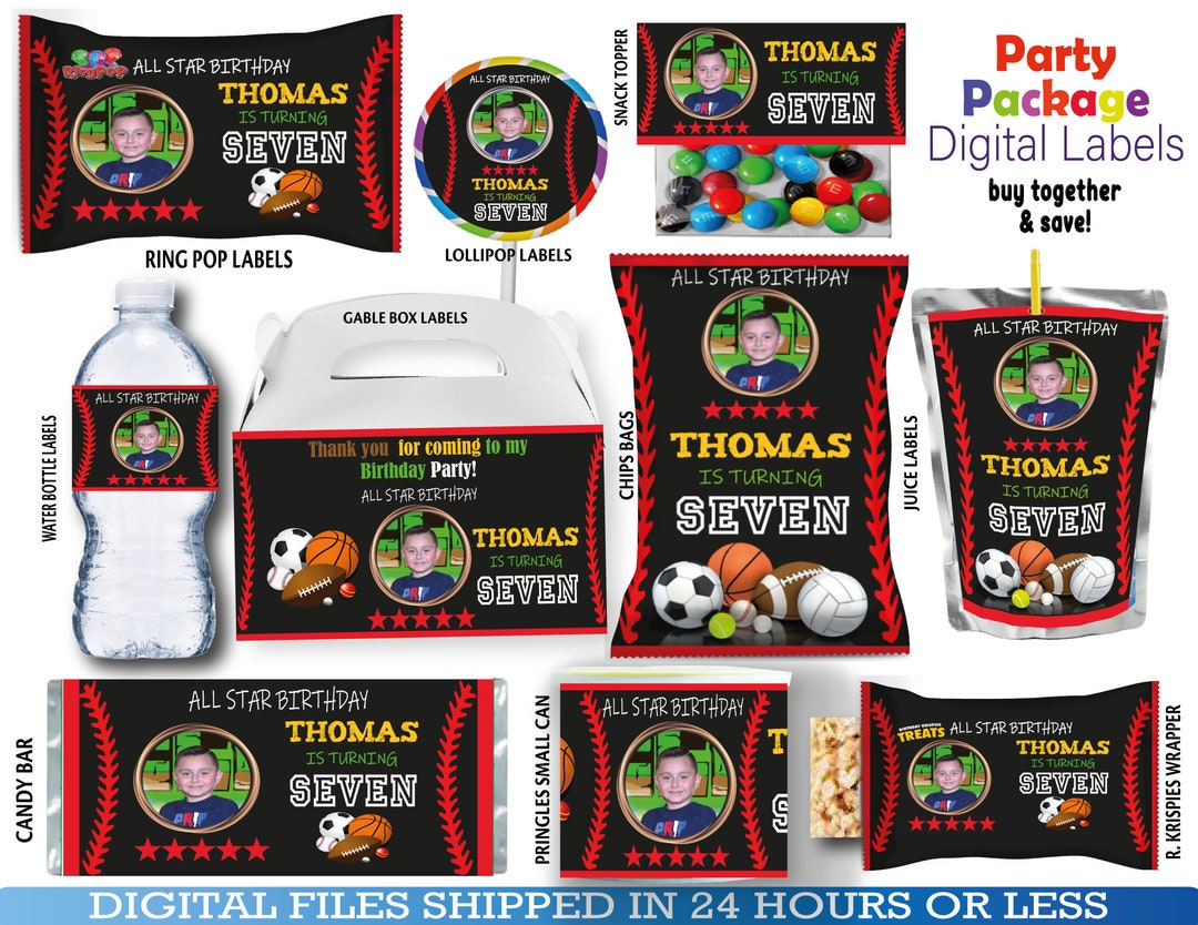 All Star Sport Party Pack, Water Bottle, Chip, Candy Bars, Juice Labels ...