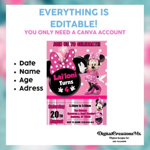 Minnie Mouse Invitation Template 5x7in. Printable and Editable in CANVA ...