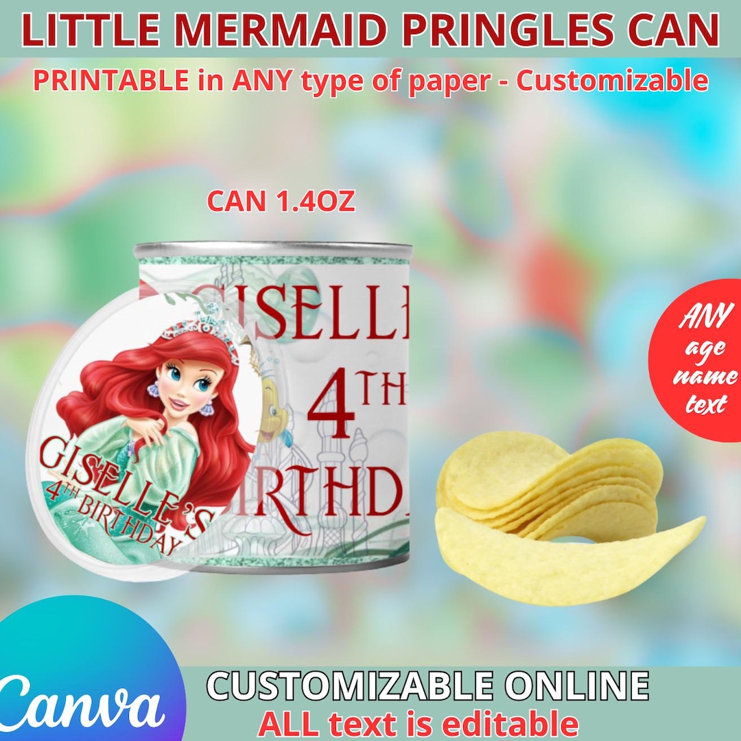 Princess Ariel the Little Mermaid Pringles Small Can Templete. Editable ...