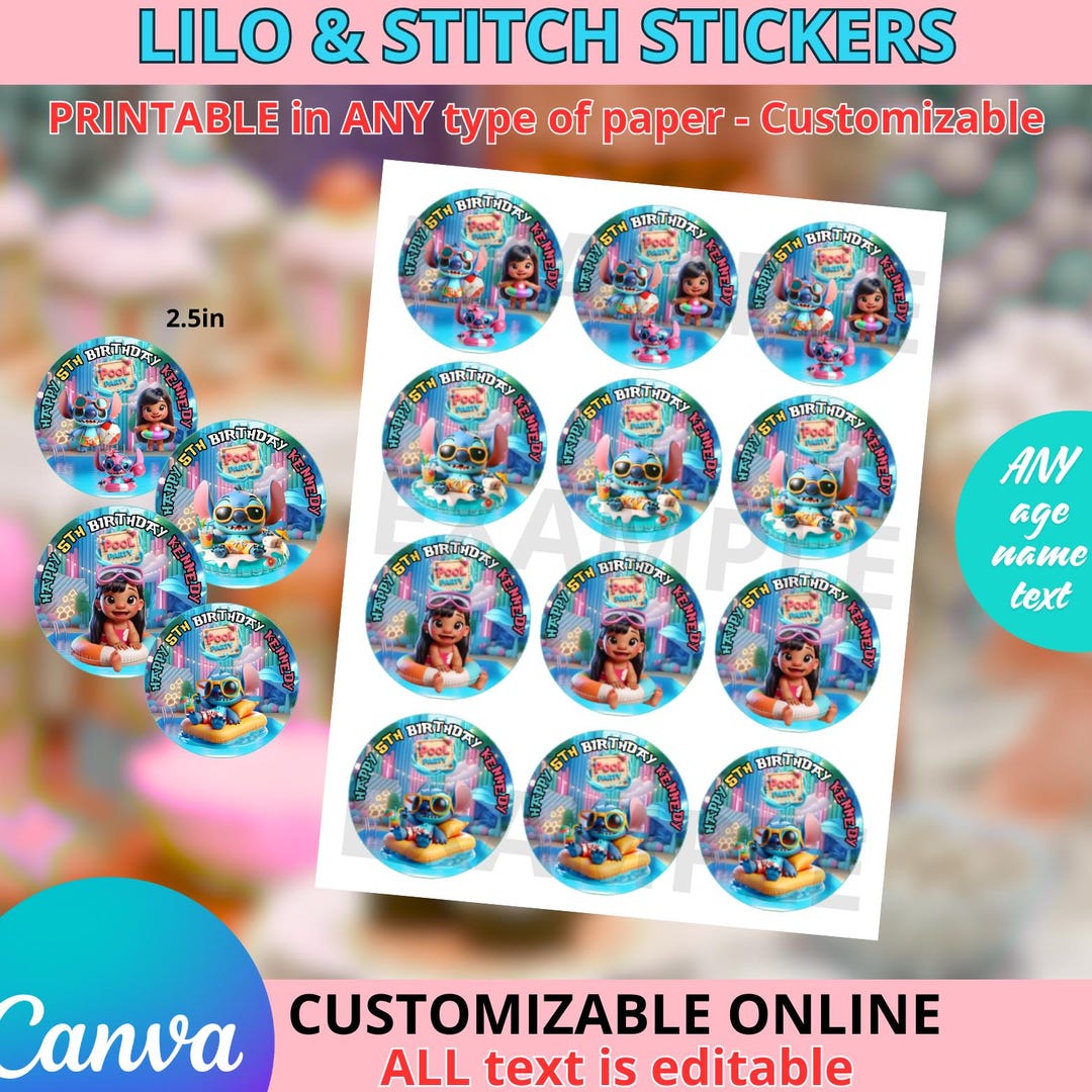 Lilo & Stitch Pool Party - Stickers 2.5in Template, EDIT Yourself in ...