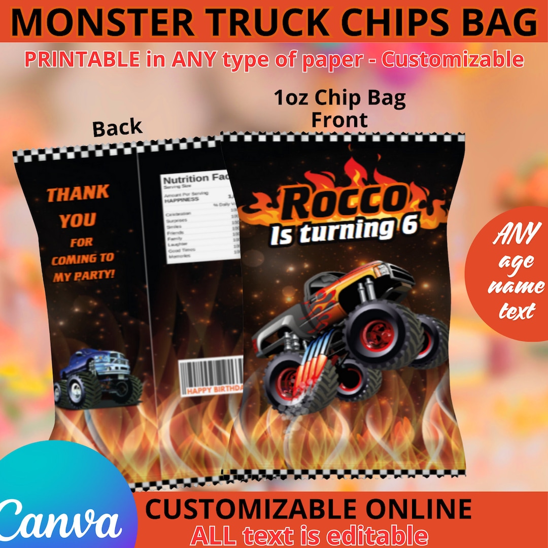 Monster Trucks Chips Bags. EDITABLE IN CANVA - Etsy