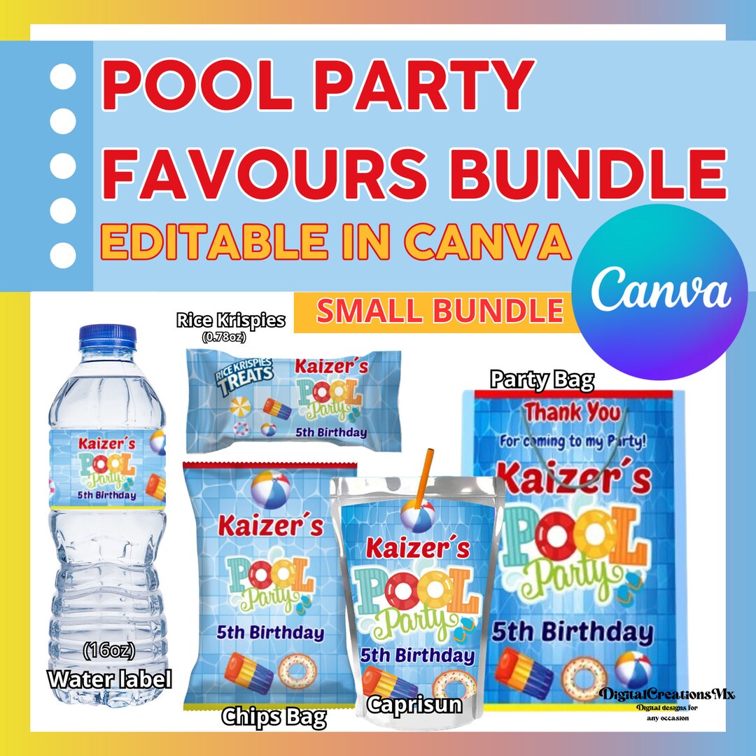 Pool Party Bundle Favors, Water Bottle, Chip, Rice Krispies, Juice ...