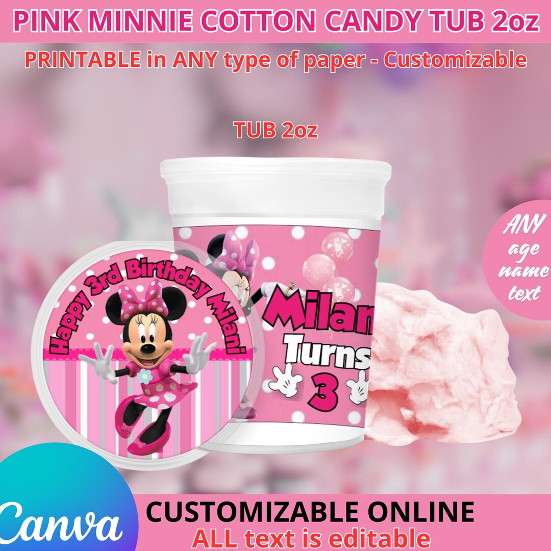 Minnie Mouse Pink Cotton Candy 2oz and Lid Templete. Editable in CANVA ...