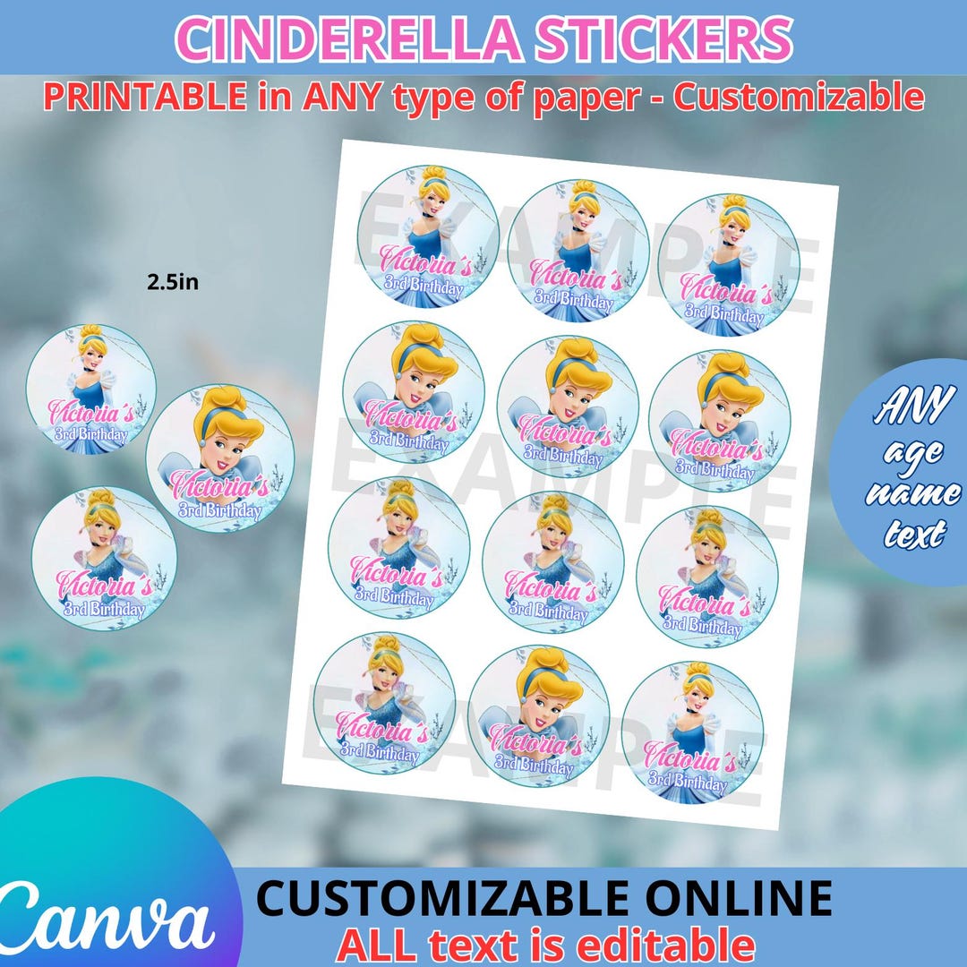Cinderella Stickers 2.5in Template, EDIT Yourself in CANVA. - Etsy