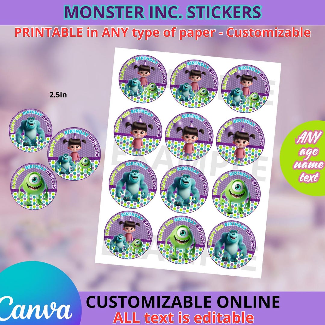 Monsters INC Stickers 2.5in Template, EDIT Yourself in CANVA. - Etsy