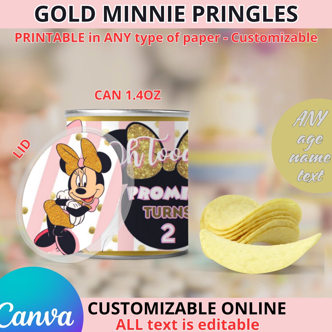 Minnie Mouse Gold and Pink Pringles Small Can and Lid. Custom Party Tag ...