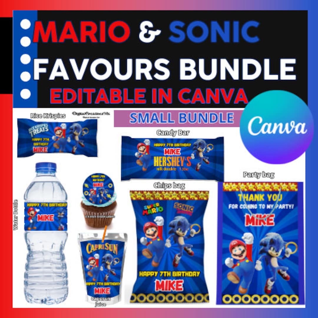 Mario VS Sonic Party Favors Package, Chip Bag Template, Water Bottle ...