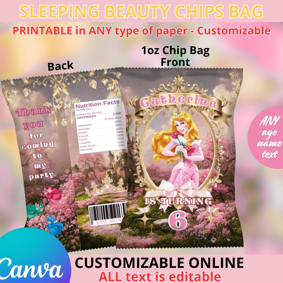 Princess Aurora Sleeping Beauty Chips Bags Templete. Editable in CANVA ...