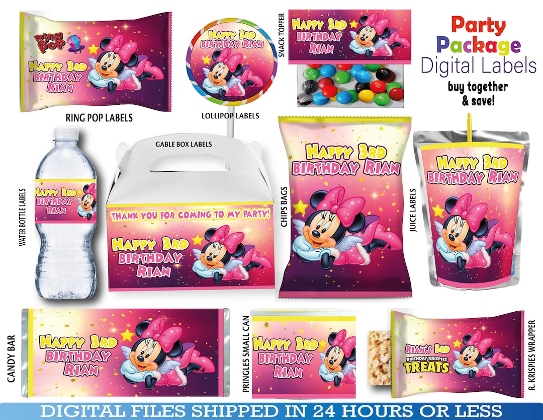 Minnie Mouse Pink/gold Party Favors, Water Bottle, Chip, Candy Bars ...