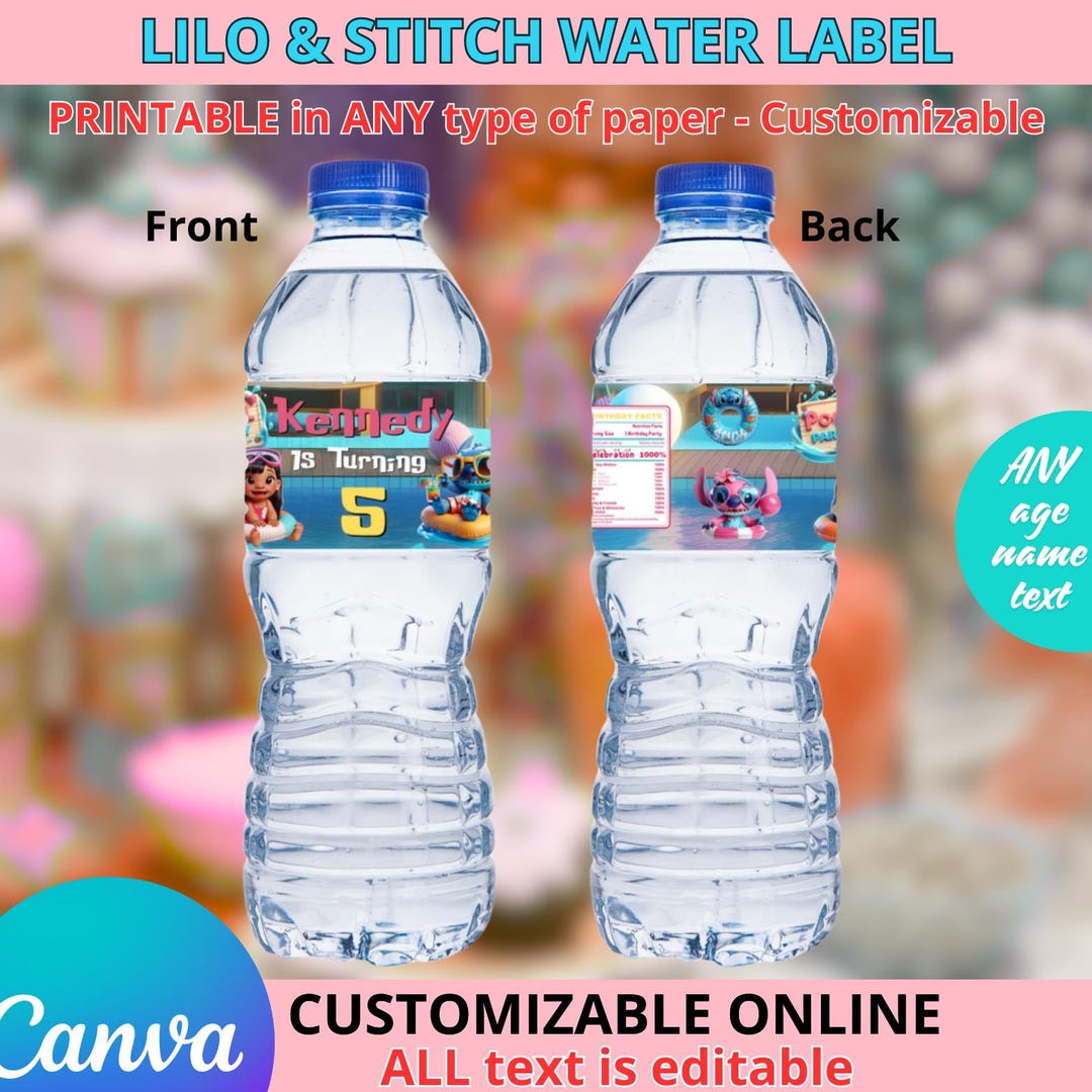 Lilo & Stitch Pool Party - Water Labels. Editable in CANVA - Etsy