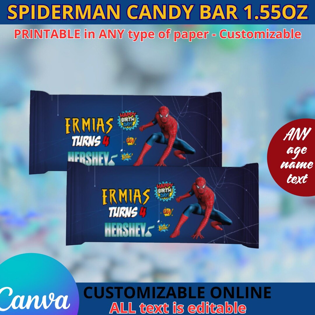 Spiderman Candy Bar Templete. EDITABLE IN CANVA - Etsy