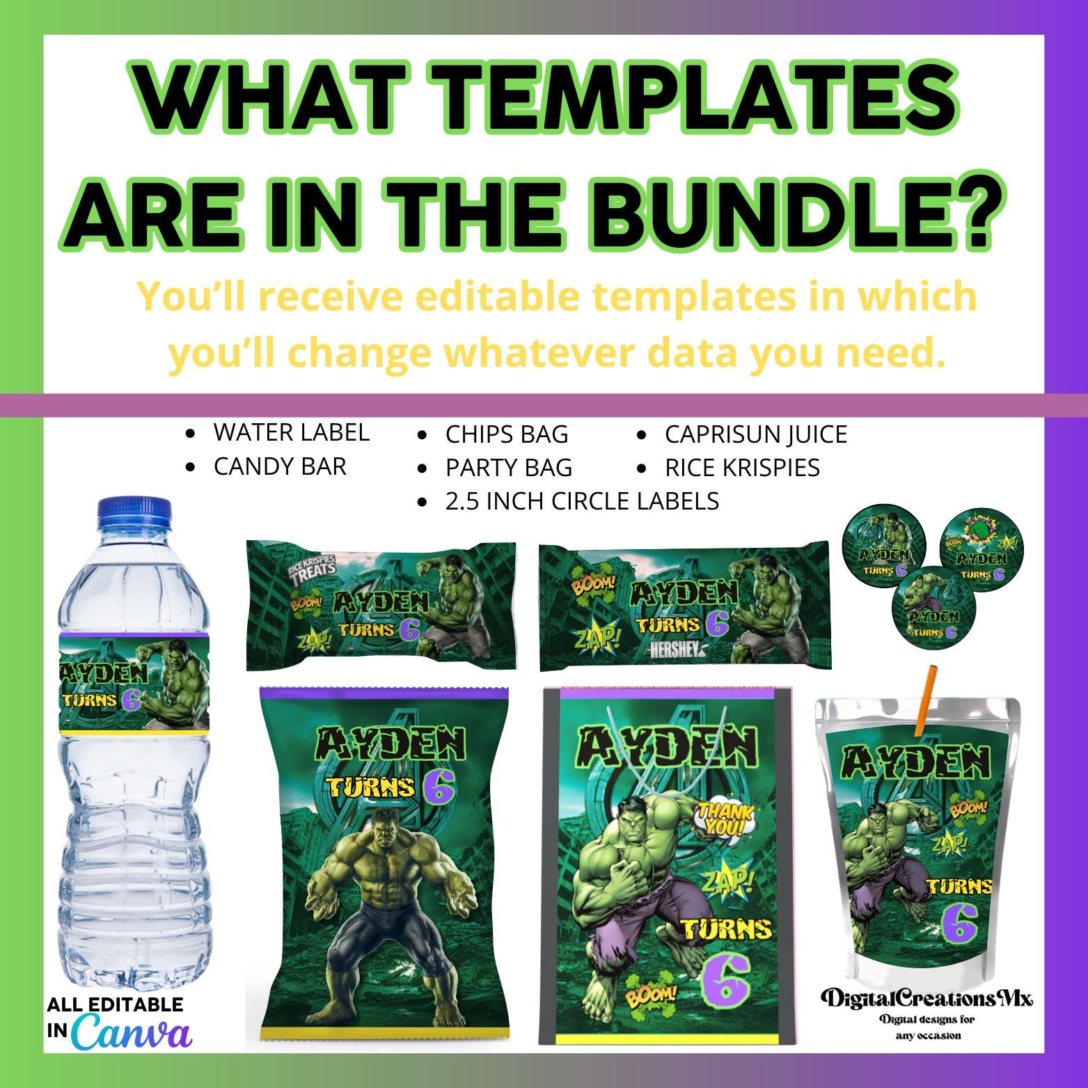 Inspired Hulk 7 Party Favors, Water Bottle, Chip, Candy Bars, Juice ...