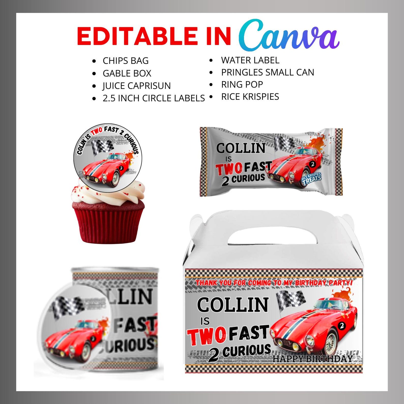 Two Fast 2 Curious Editable 8 Party Pack, Water Bottle, Chip, Juice ...