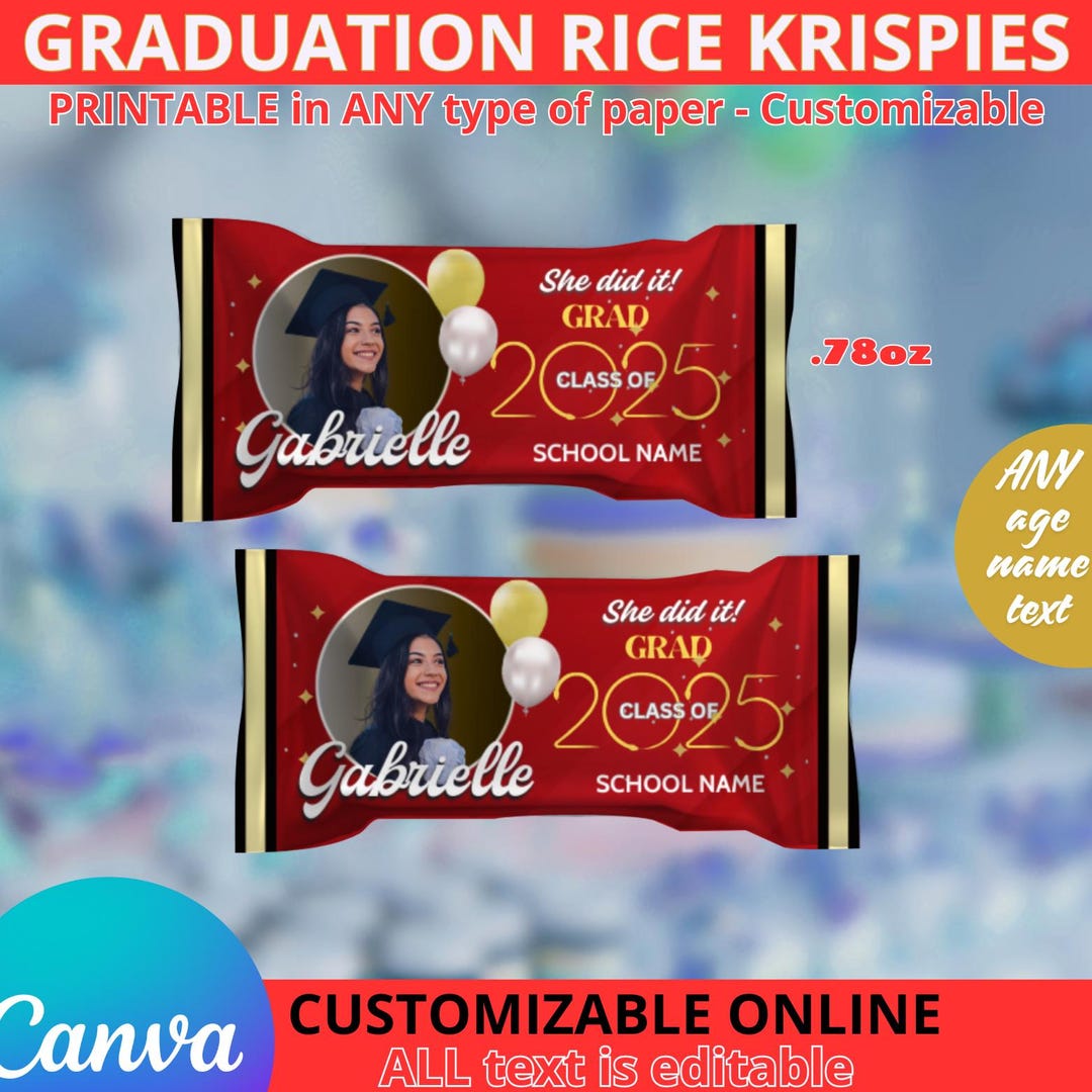 Graduation Red Rice Krispies Templete. Editable in CANVA - Etsy