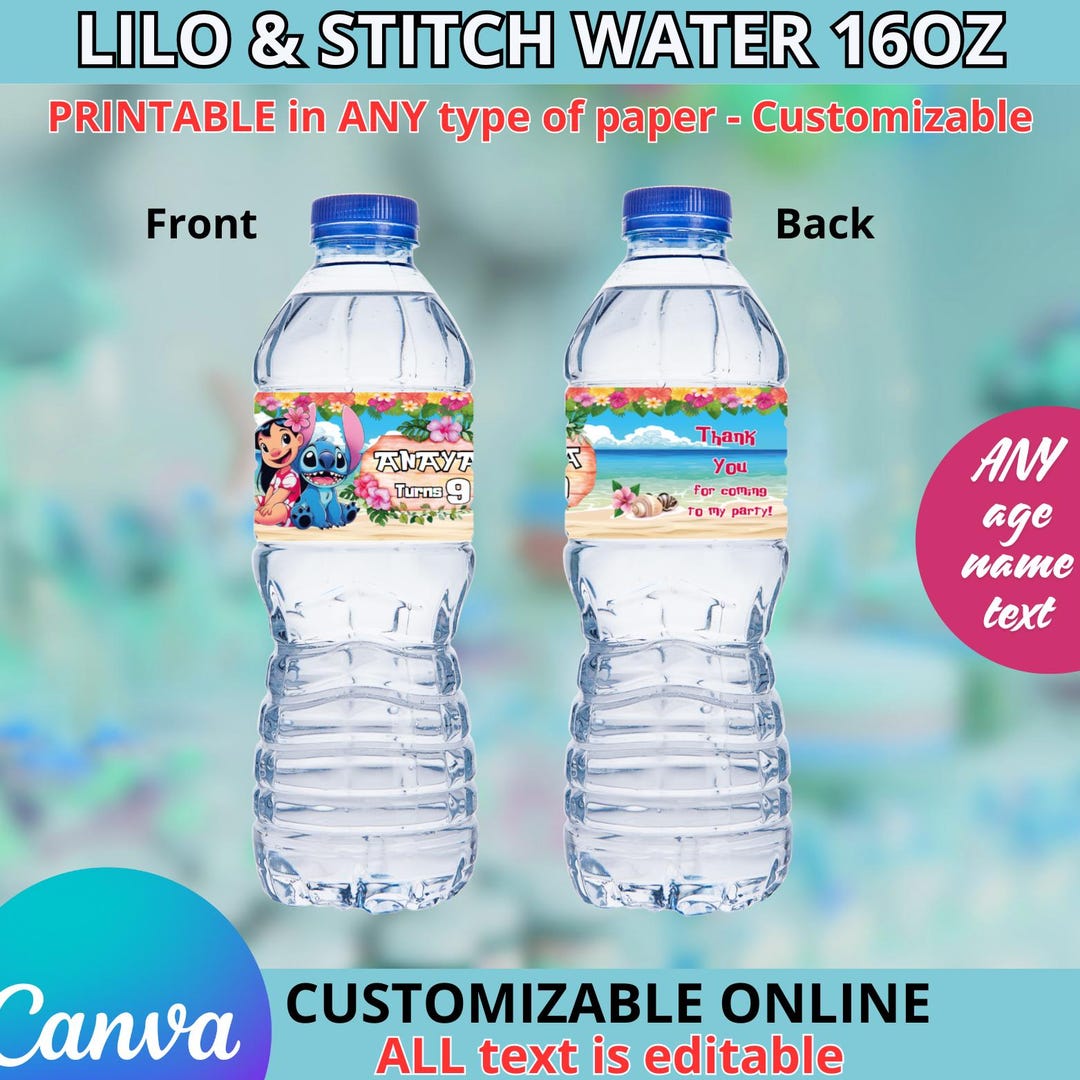 Lilo and Stitch Flowers Water 16oz Label. Editable in CANVA - Etsy